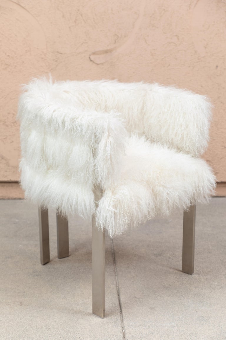 Set of Six Polished Nickel and Mongolian Fur Dining Chairs at 1stDibs