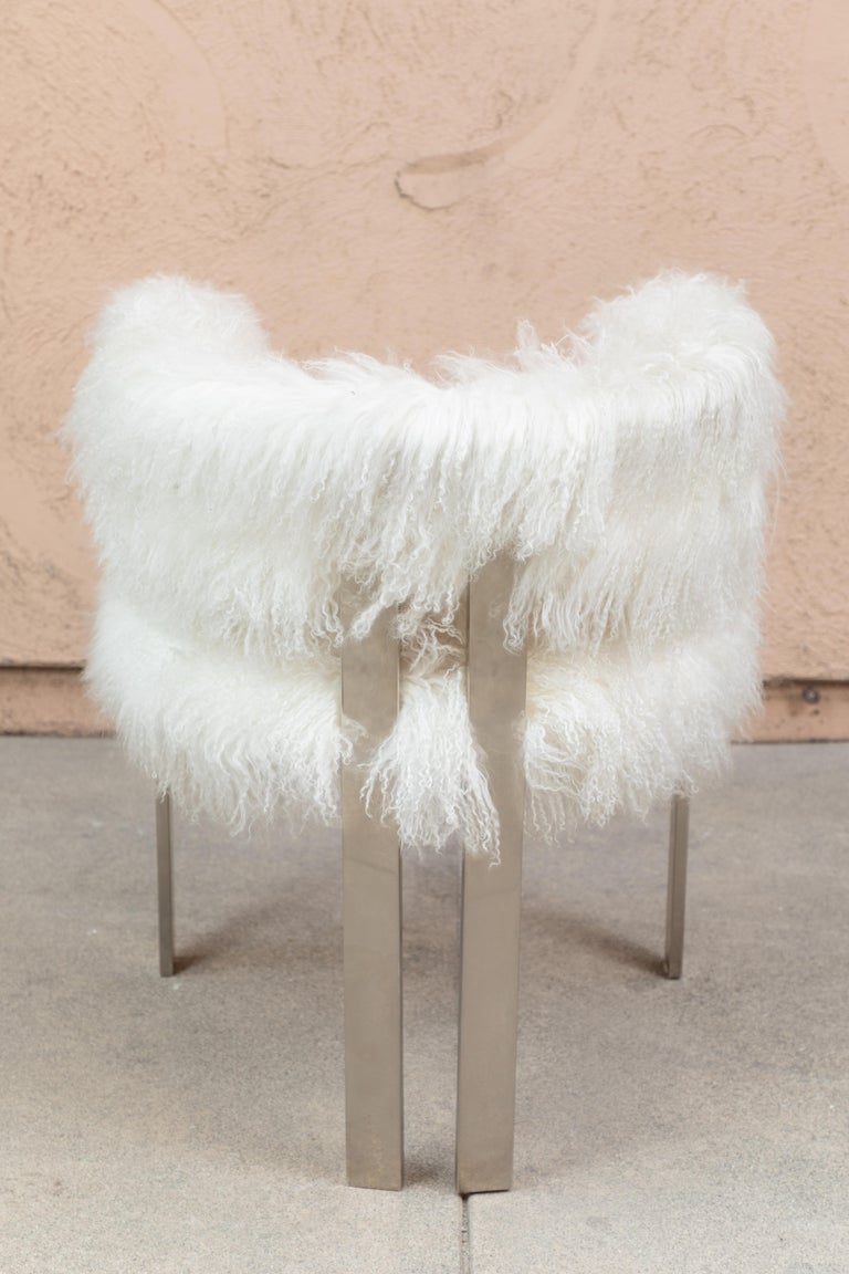Set of Six Polished Nickel and Mongolian Fur Dining Chairs at 1stDibs