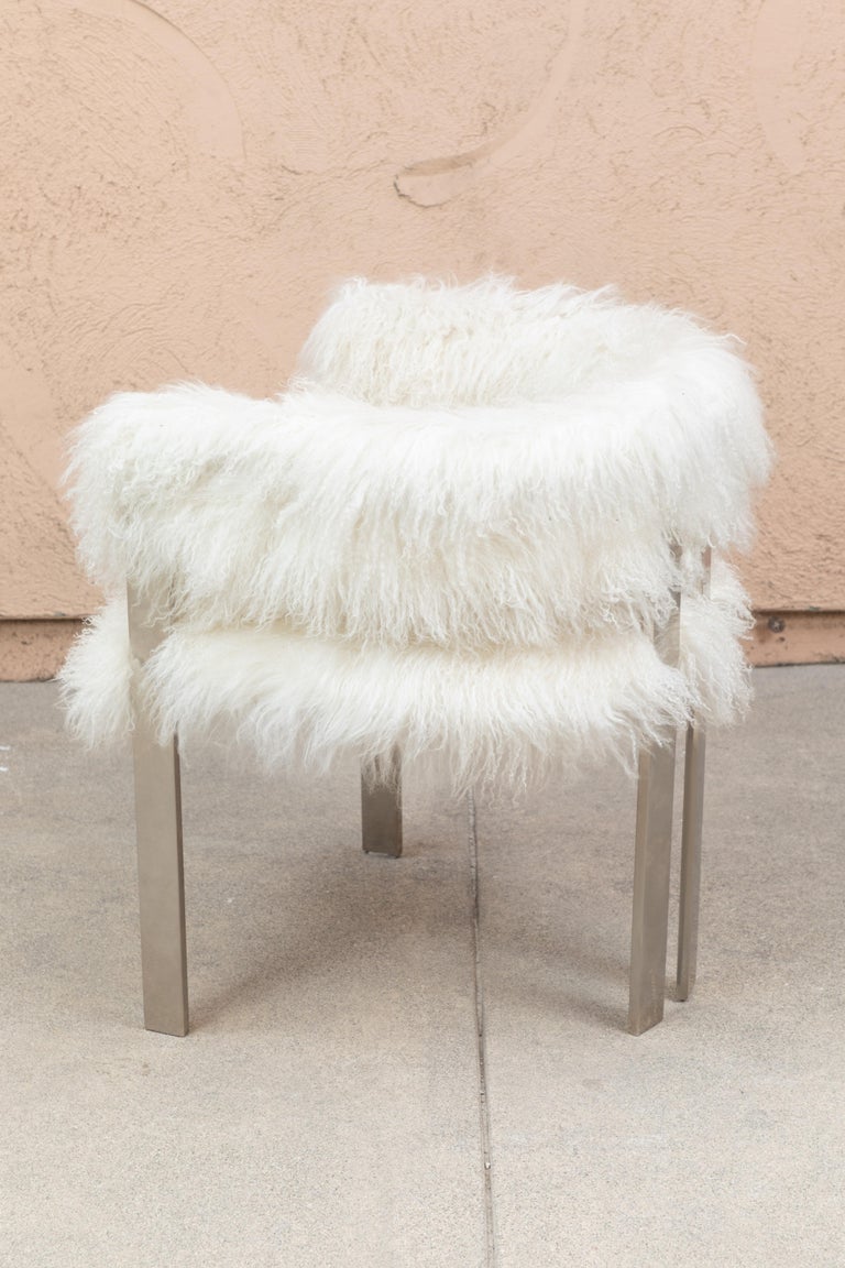 Set of Six Polished Nickel and Mongolian Fur Dining Chairs at 1stDibs