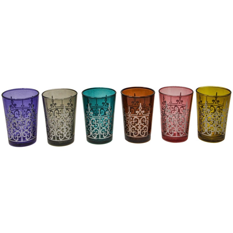 Set of Six Moroccan Shot Tea Glasses with Silver Raised Moorish Design ...
