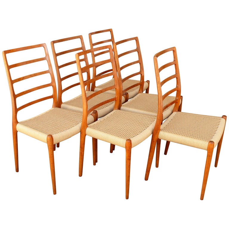 Set of Six Teak Ladder Back NO Moller Dining Chairs Model 82, Newly ...