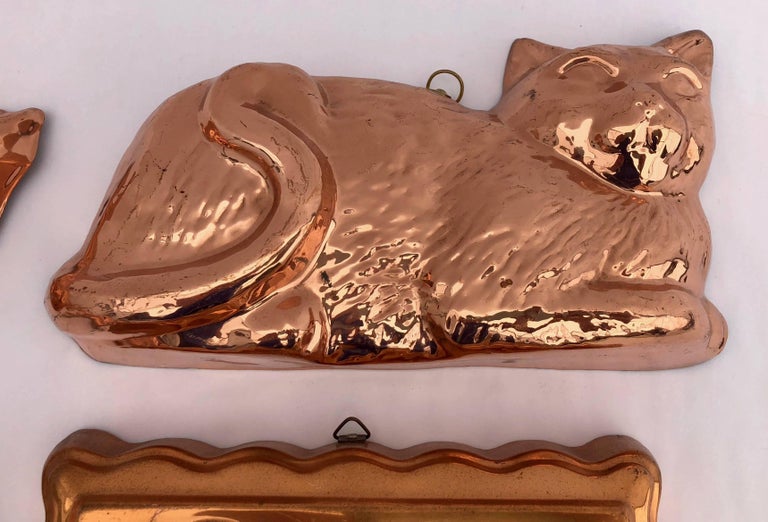 Set of Six Tin Molds with Copper in the Shape of Rabbits, Cat, Ducks ...