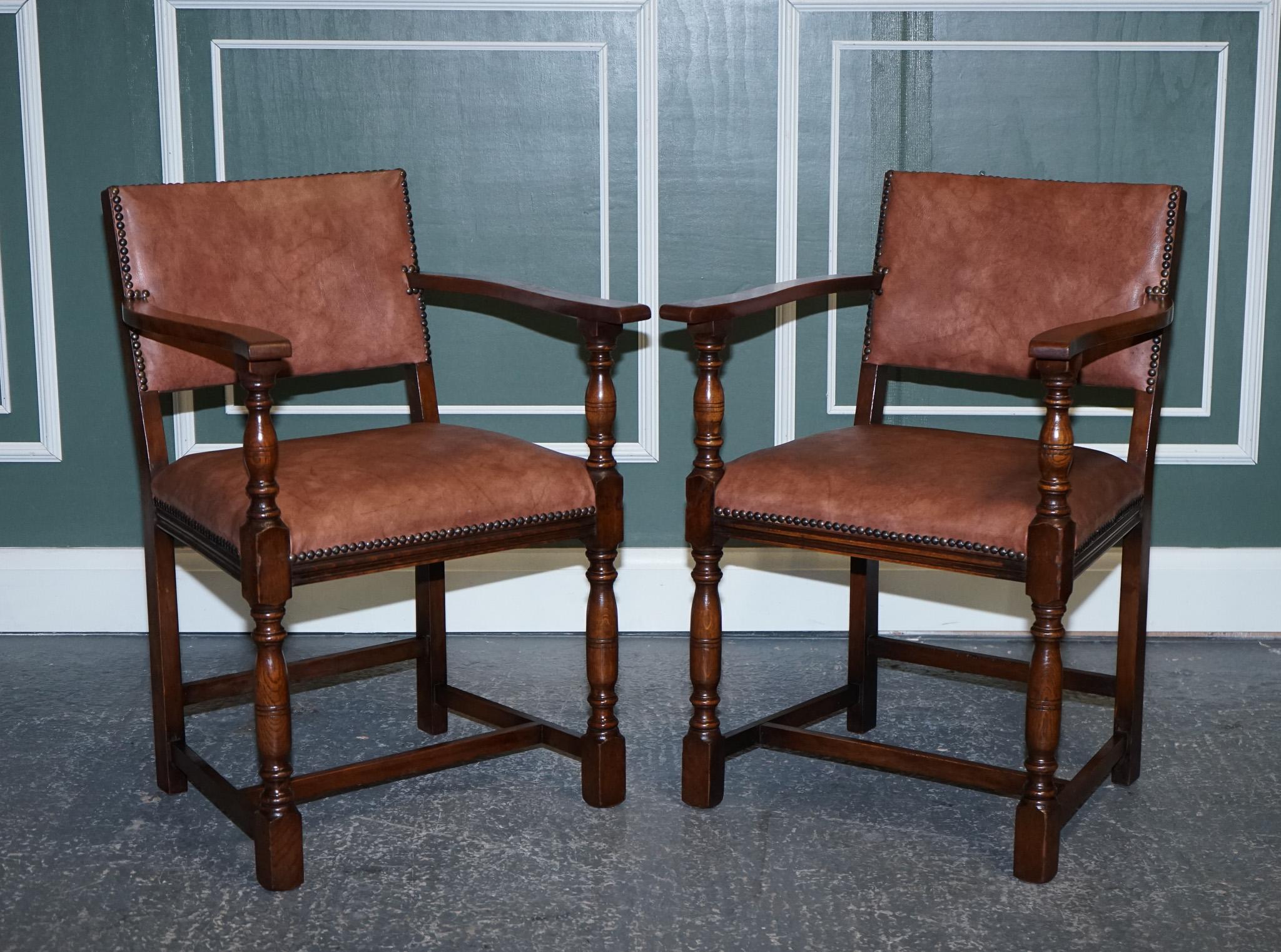 Set of Six Traditional Country House Brown Leather Oak Dining Chairs ...