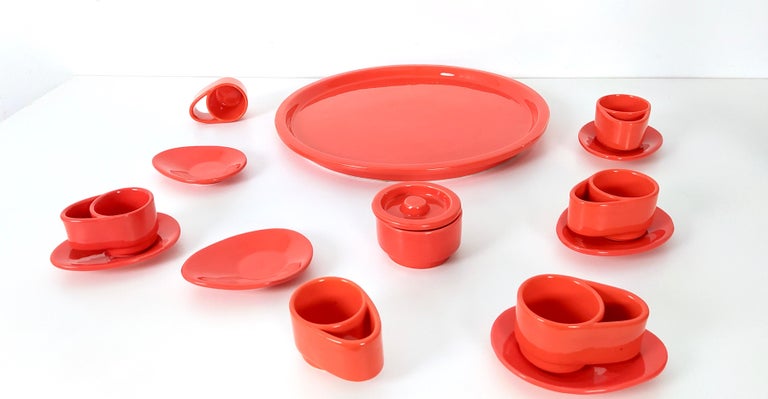 Set of Six Postmodern Vermilion Cups, Sugar Bowl and Plate by ...