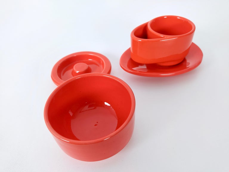 Set of Six Postmodern Vermilion Cups, Sugar Bowl and Plate by ...
