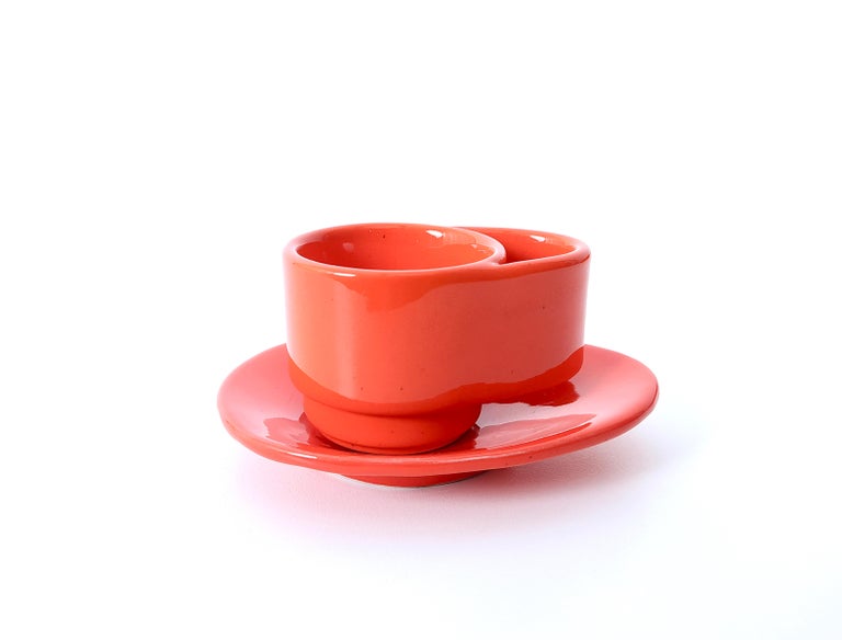 Set of Six Postmodern Vermilion Cups, Sugar Bowl and Plate by ...