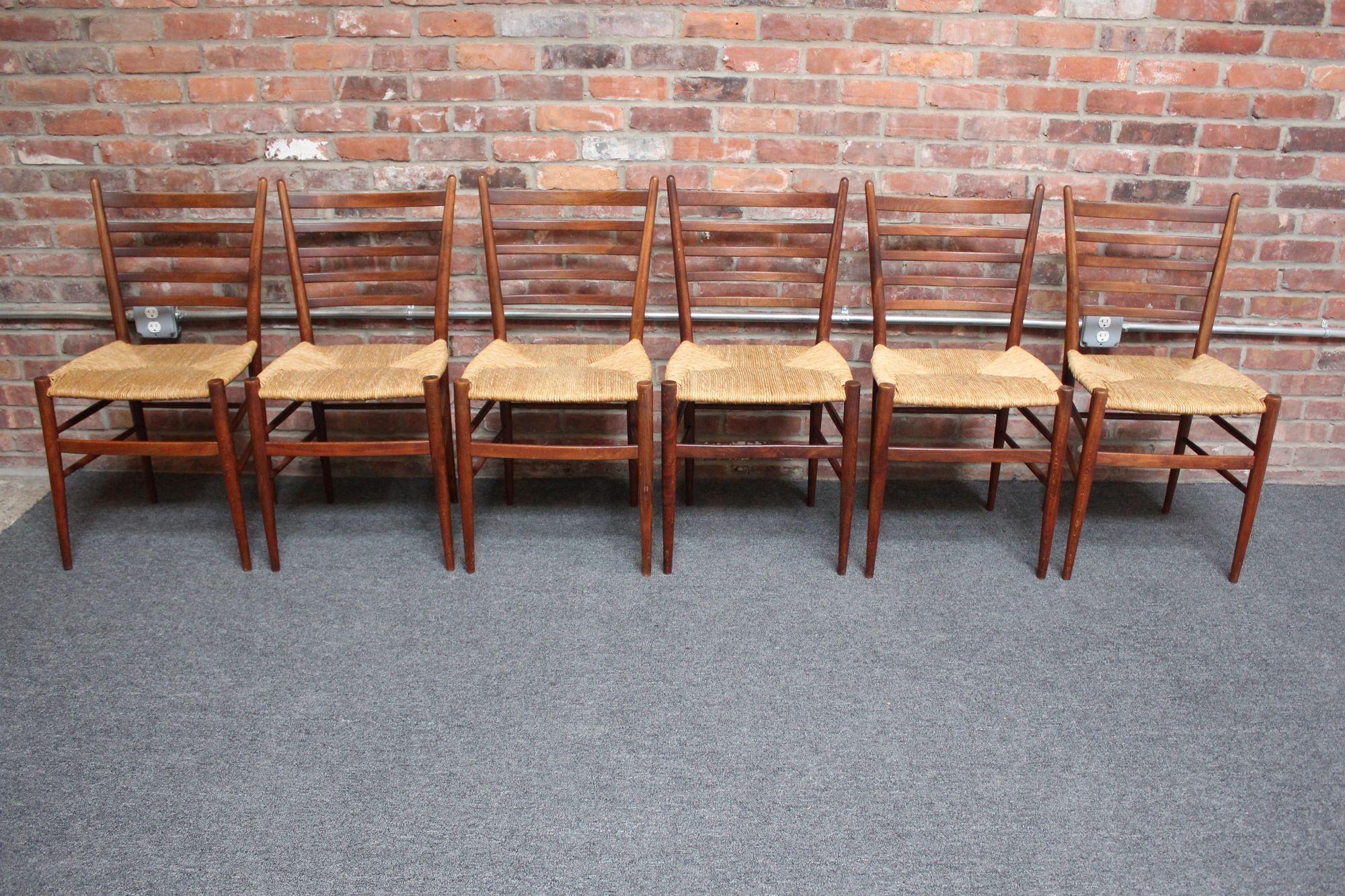 Set of Six Vintage Italian Walnut and Rush Ladder-Back Dining Chairs at ...