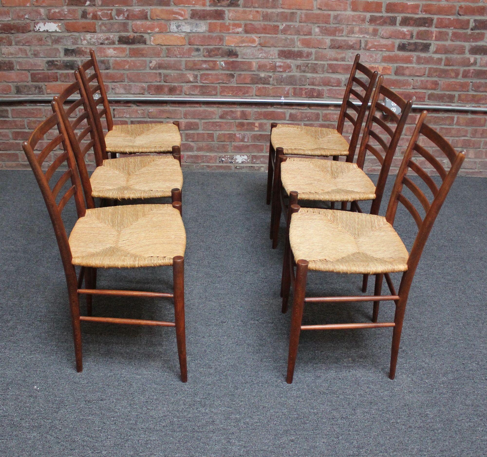Set of Six Vintage Italian Walnut and Rush Ladder-Back Dining Chairs at ...