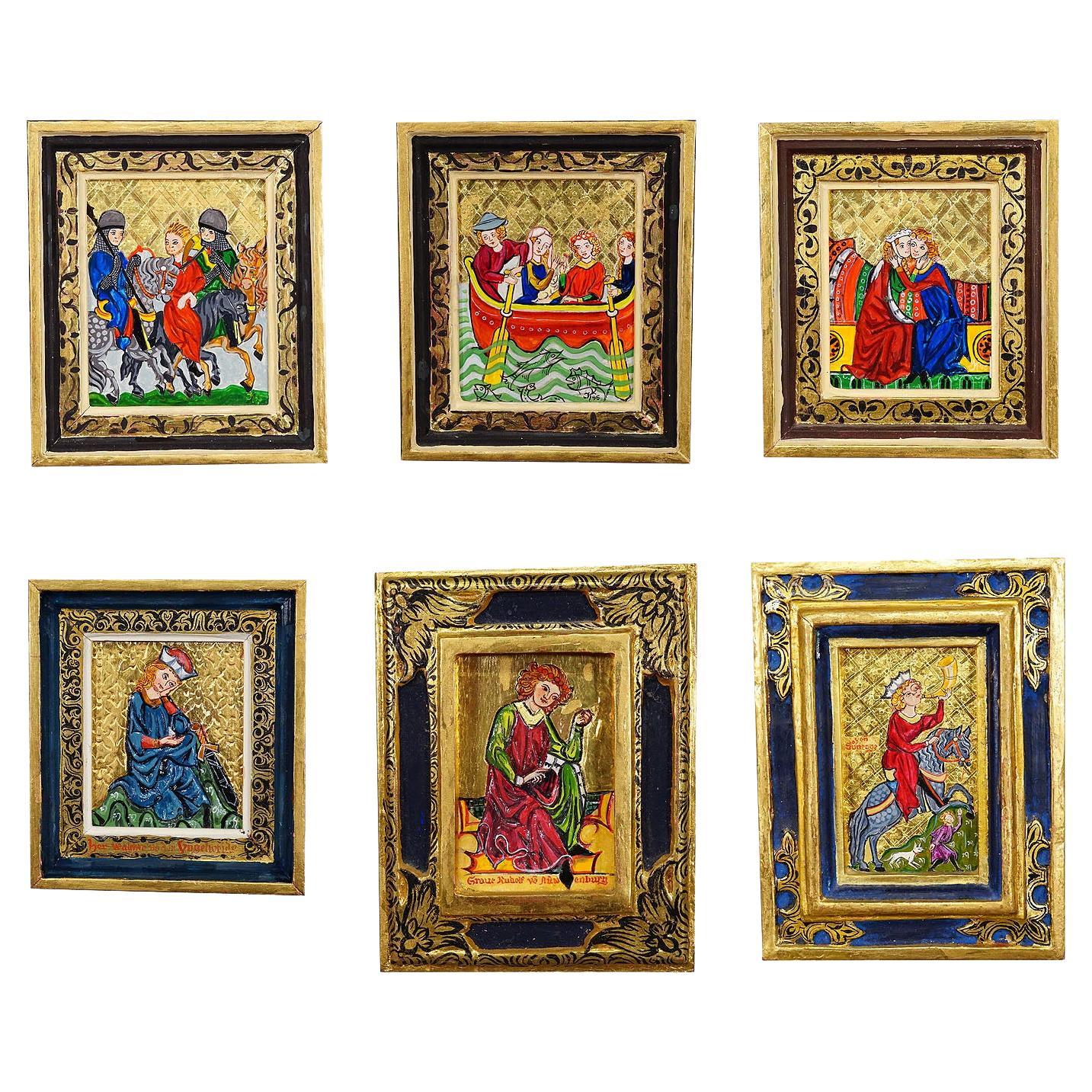 Set of Six Vintage Paintings with Minstrel Scenes from the Manesse Song ...