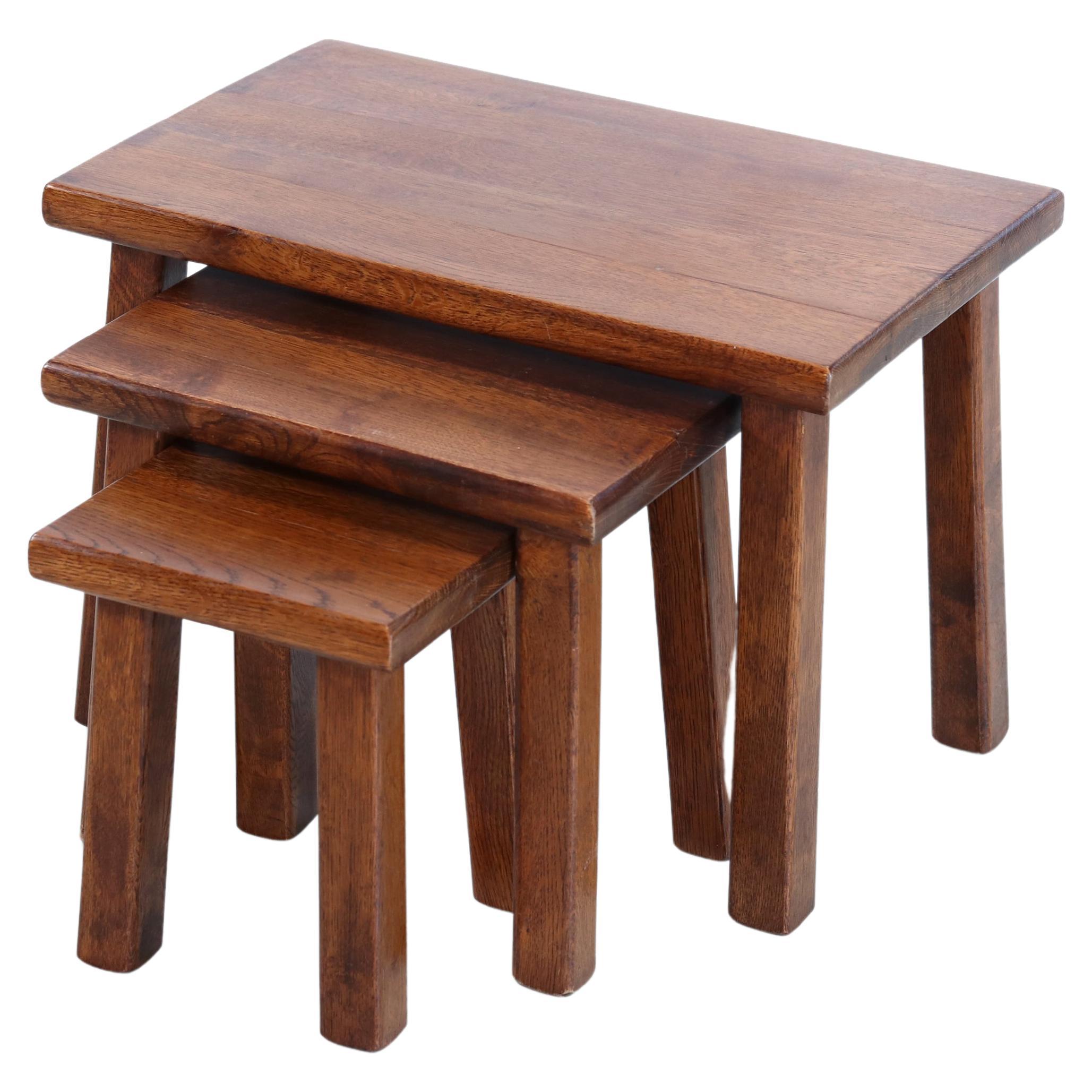 Set of Solid Oak French Brutalist Nesting Tables, 1960's at 1stDibs