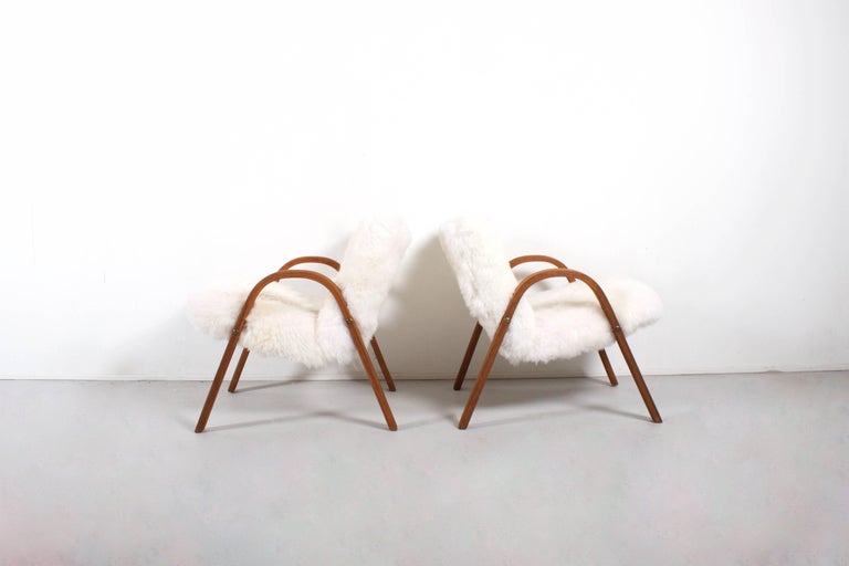 Set of Steiner Sheepskin Bow Wood Chairs, 1948, France at 1stDibs
