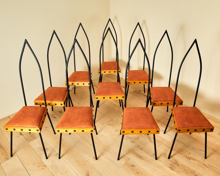 Set of Ten Chairs, Royere Style, Lacquered Iron and Wood, circa 1960 ...