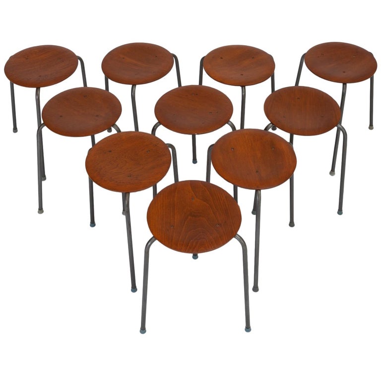 Set of Ten Danish Modern Stools with Wooden Seat For Sale at 1stDibs