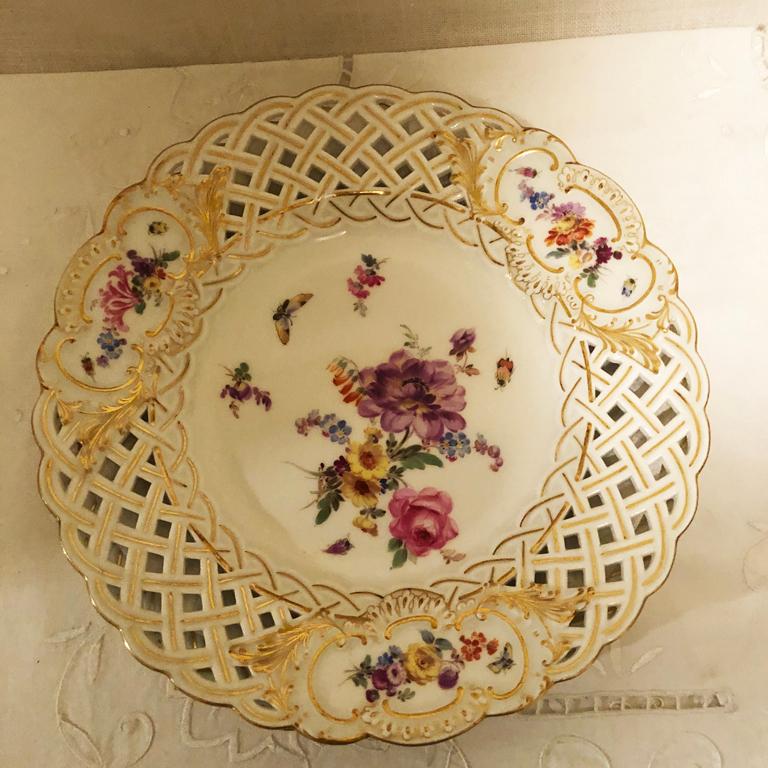 Set of Ten Meissen Reticulated Dessert Plates Painted with Flowers and ...