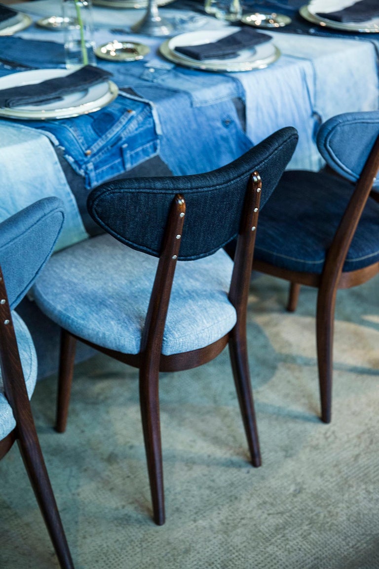 Set of Ten Midcentury Medium and Dark Blue Denim Heart Chairs, Europe ...