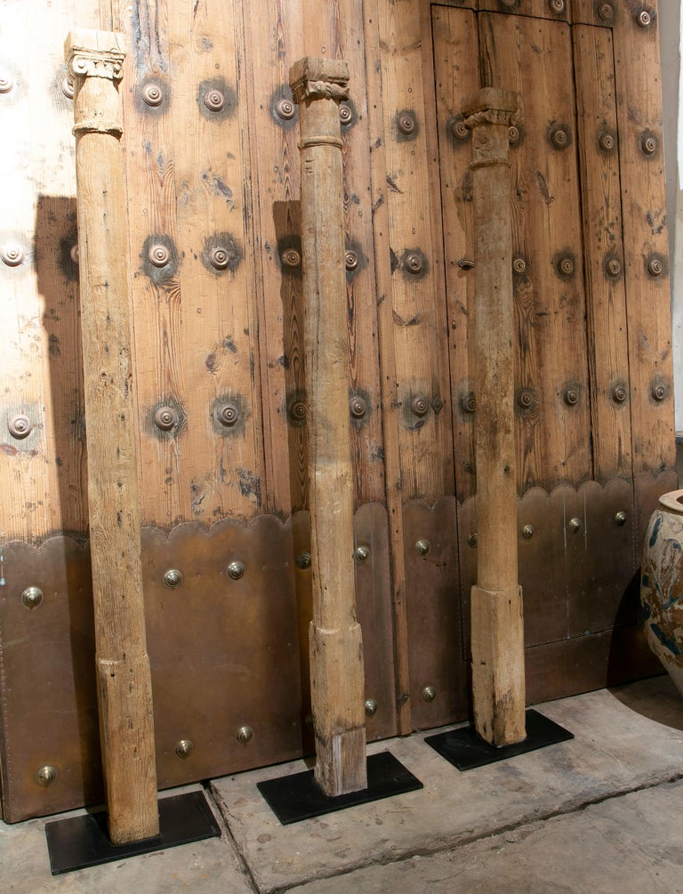 Set of Three 16th Century Spanish Hand Carved Wooden Columns on Steel ...