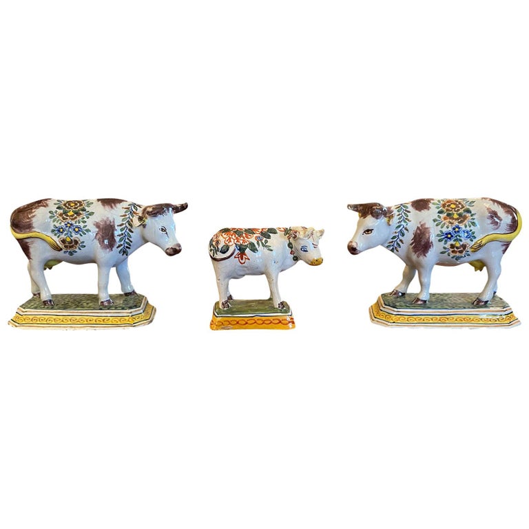 Set of Three 19th Century Dutch Delft Polychrome Porcelain Cows, One ...