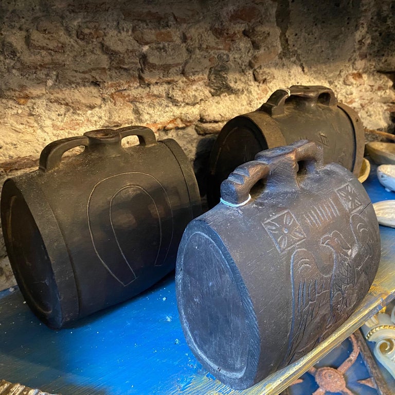 Set of Three 19th Century Three Antique Decorated Wooden Italian Flasks ...