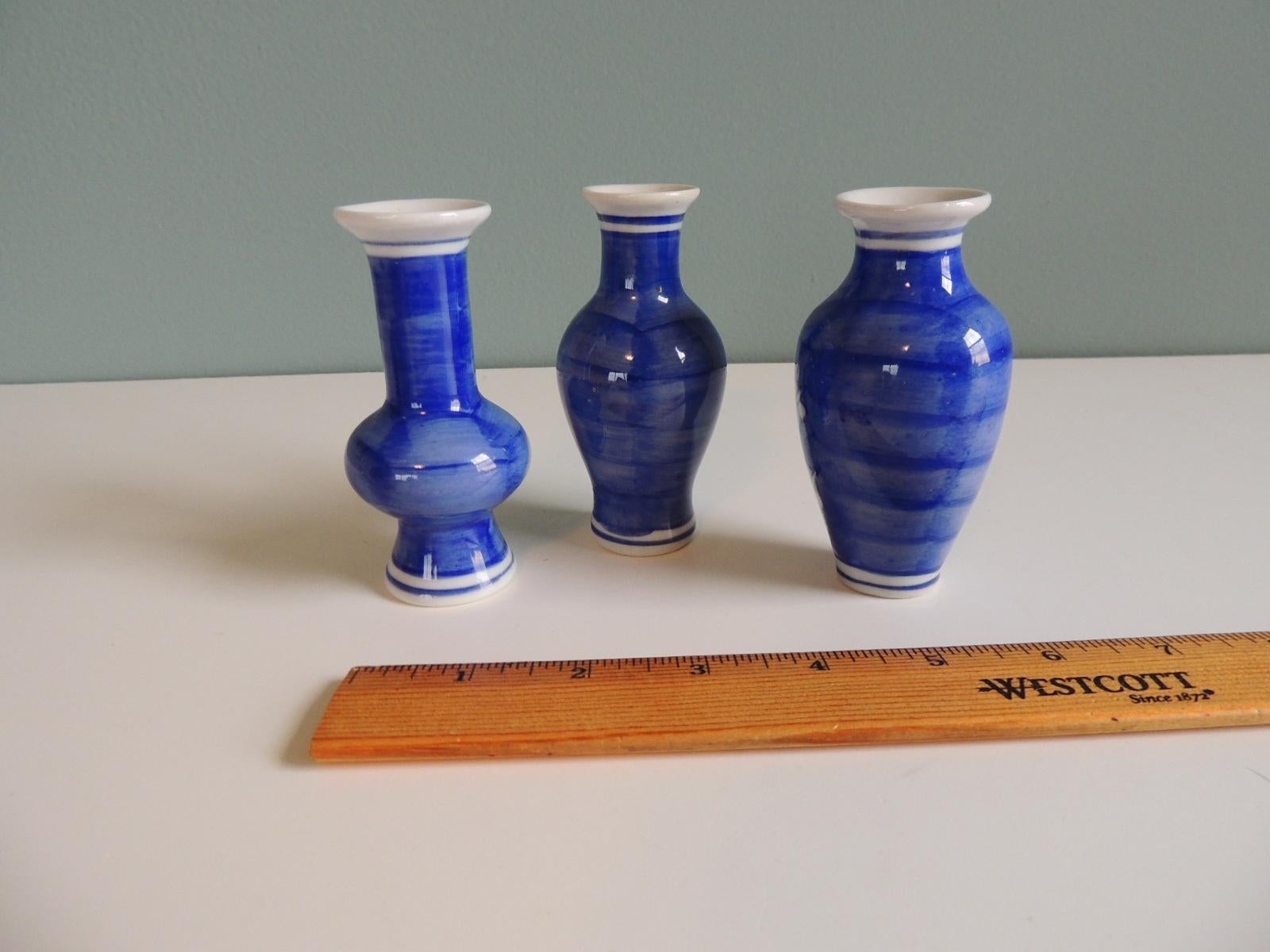 Set of Three '3' Miniature Blue and White Decorator Vases For Sale at ...