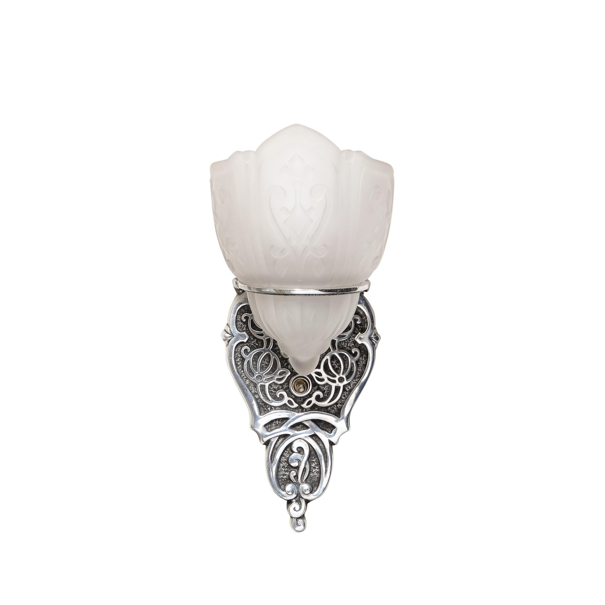 Set of Three Art Deco Frosted Relief Glass Sconces with Silvered ...