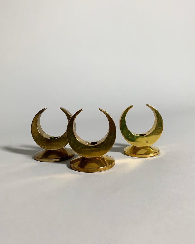 Set of Three Arthur Pe Candle Holders Brass Moon Kolbäck, Sweden, 1960s ...