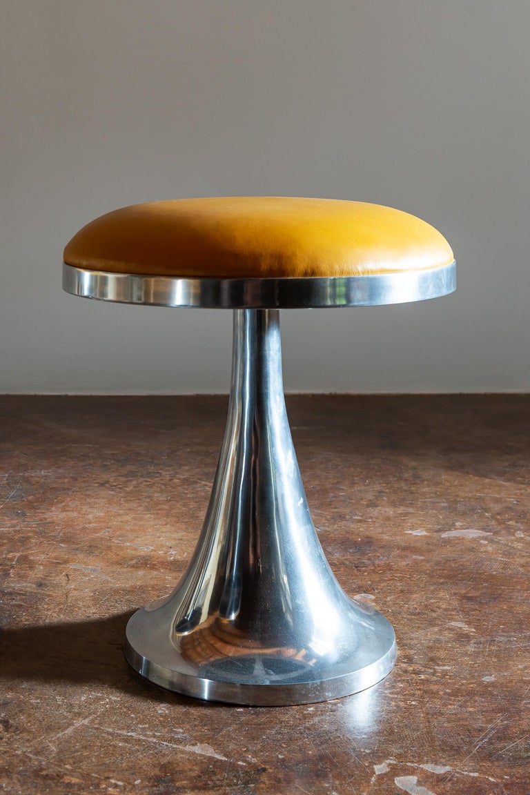 Pair of Chrome Stools with Ochre Leather Seats, 1970s at 1stDibs