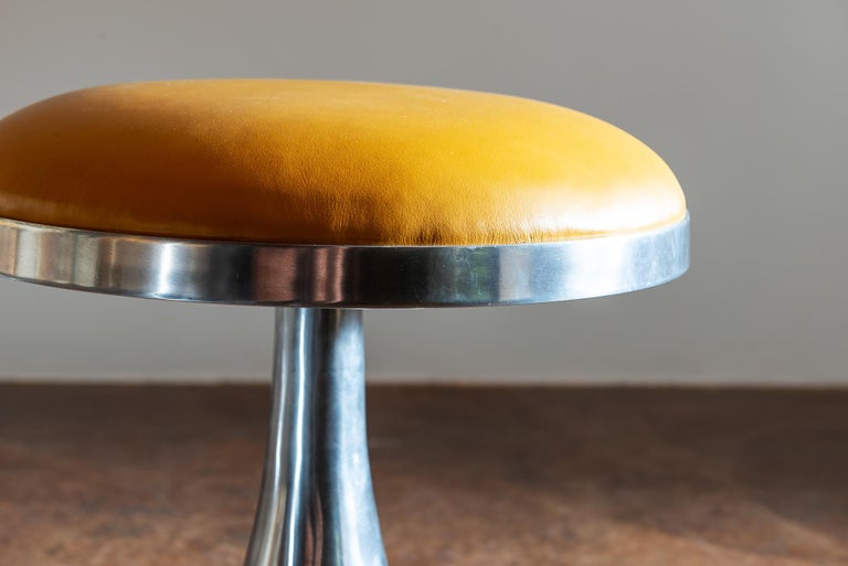 Pair of Chrome Stools with Ochre Leather Seats, 1970s at 1stDibs