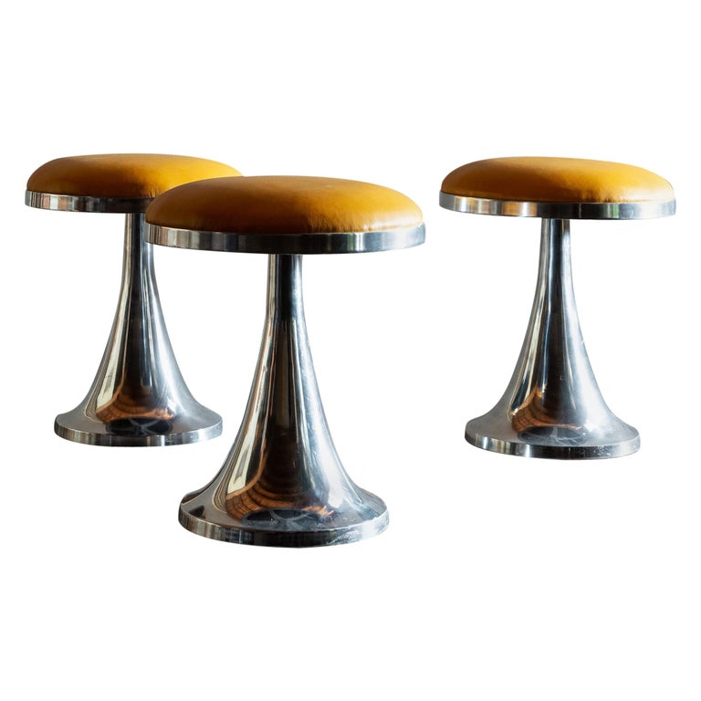 Pair of Chrome Stools with Ochre Leather Seats, 1970s at 1stDibs