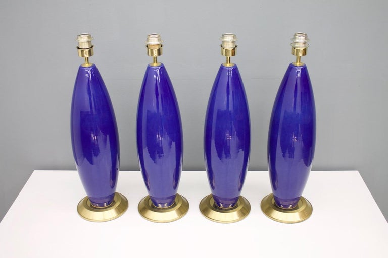 Set of Three Cobalt Blue Glass Table Lamps with Brass Base, 1970s For ...