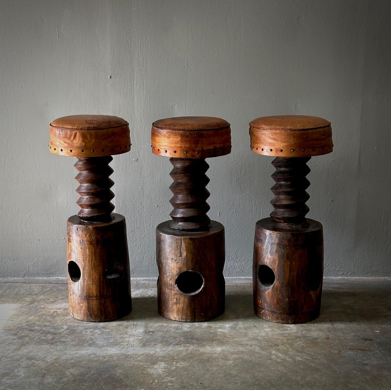 Set of Three Crank Stools with Leather Seats For Sale at 1stDibs