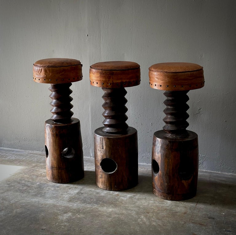 Set of Three Crank Stools with Leather Seats For Sale at 1stDibs