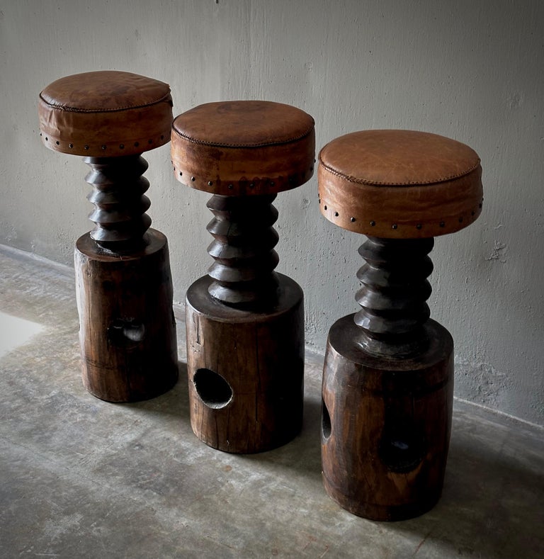 Set of Three Crank Stools with Leather Seats For Sale at 1stDibs