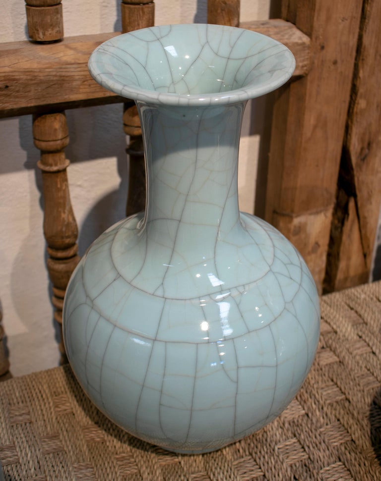 Set of Three Creamic Vases with Green Crackel Pattern For Sale at 1stDibs