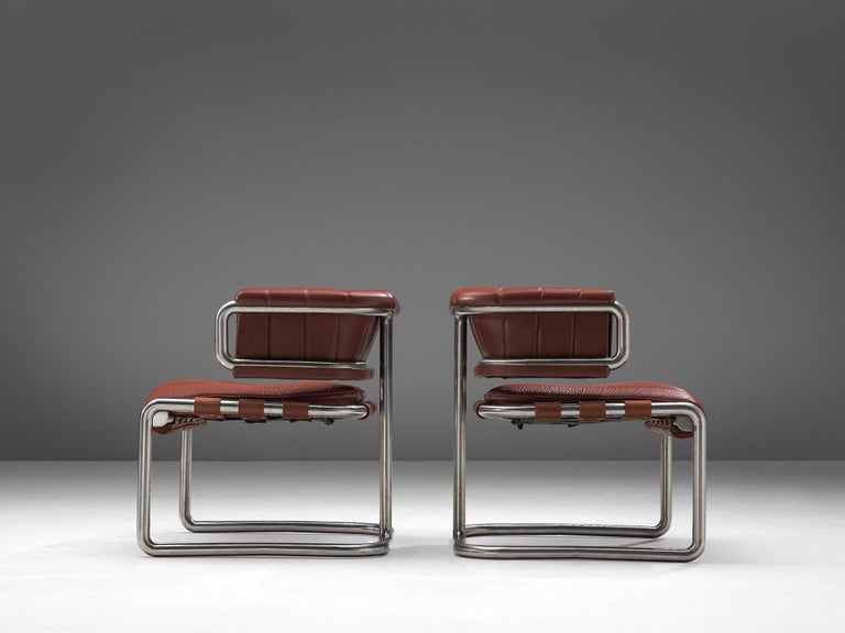 Set of Three Cubist Tubular Lounge Chairs in Red Leather For Sale at ...