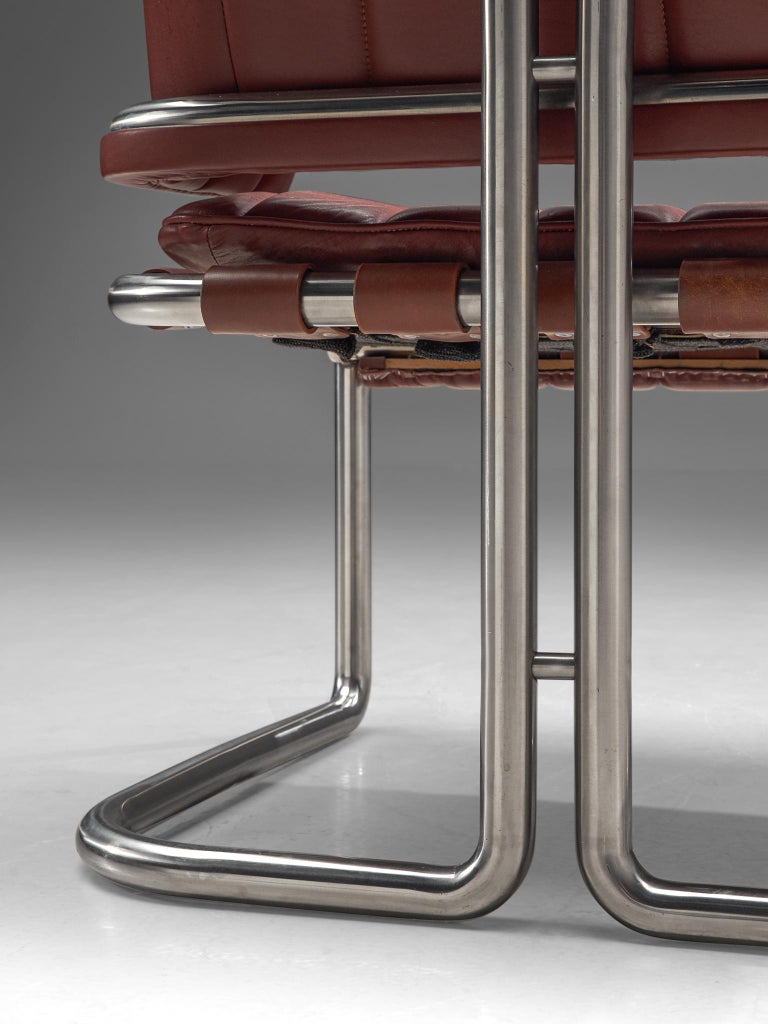 Set of Three Cubist Tubular Lounge Chairs in Red Leather For Sale at ...