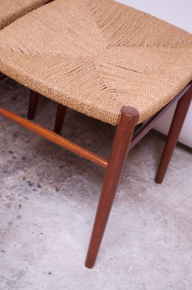Set of Three Danish Modern Low Stools in Teak and Rush at 1stDibs