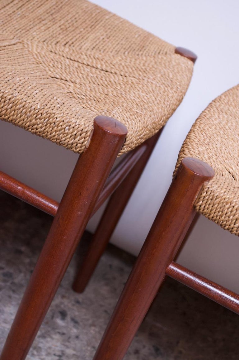 Set of Three Danish Modern Low Stools in Teak and Rush at 1stDibs