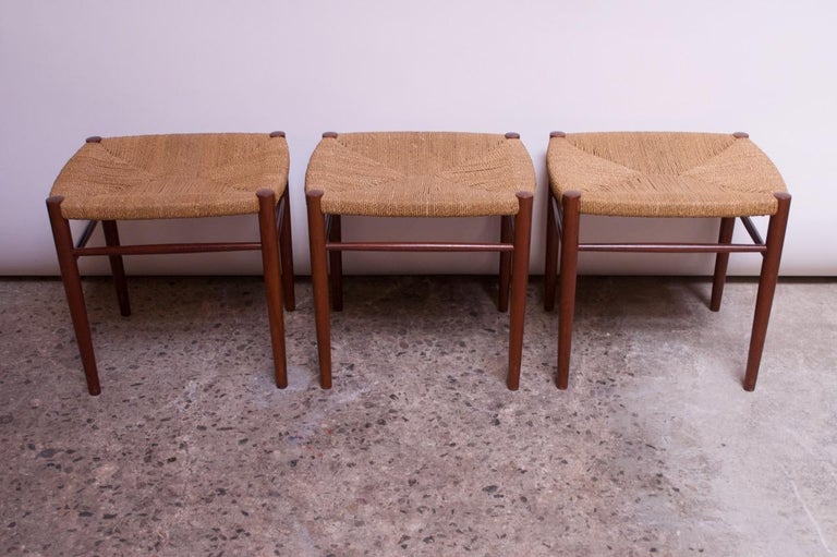 Set of Three Danish Modern Low Stools in Teak and Rush at 1stDibs