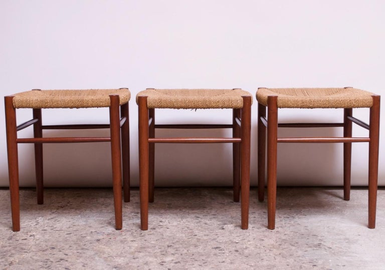 Set of Three Danish Modern Low Stools in Teak and Rush at 1stDibs