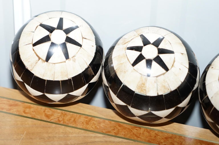 Set of Three Decorative Bone and Horn Inlaid Balls with Ebonized ...