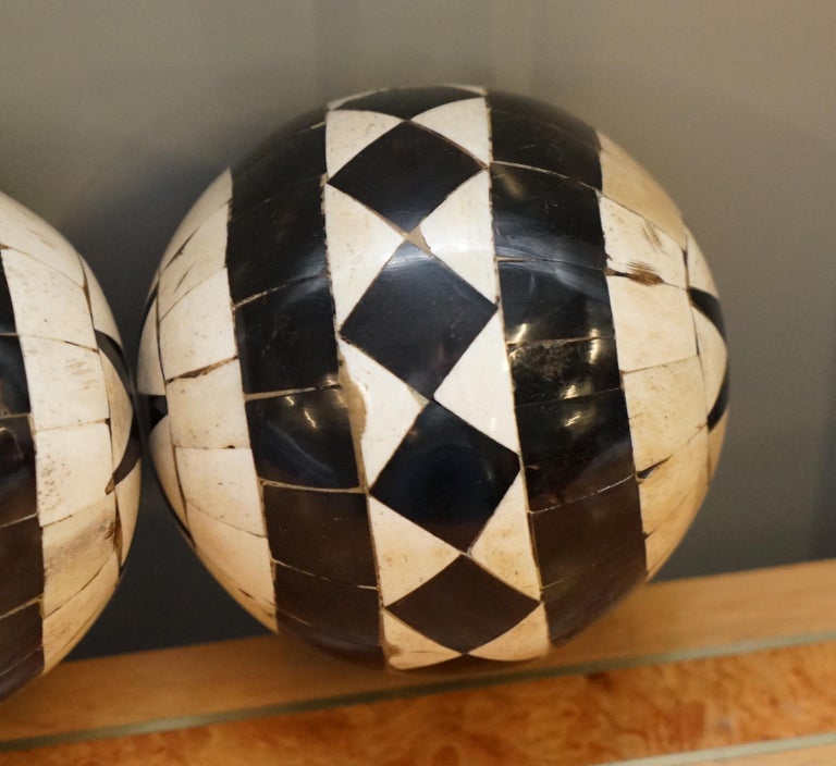 Set of Three Decorative Bone and Horn Inlaid Balls with Ebonized ...