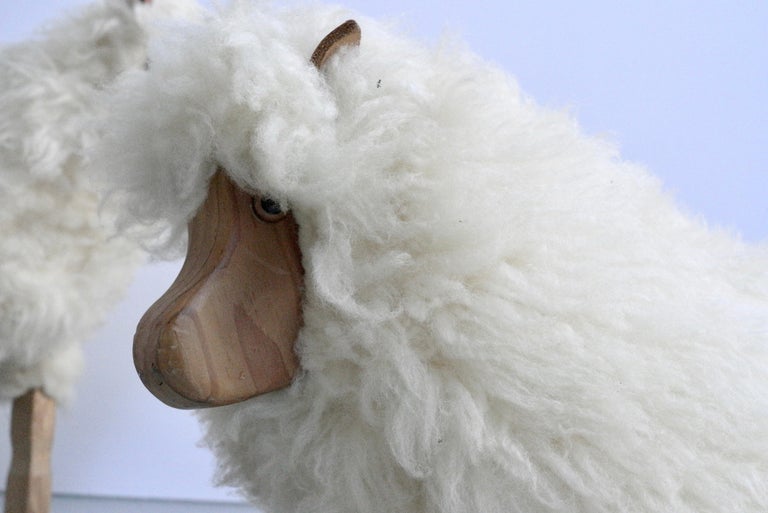 Set of Three Decorative Sheeps in Pine Wool and Leather, Germany, 1970s ...