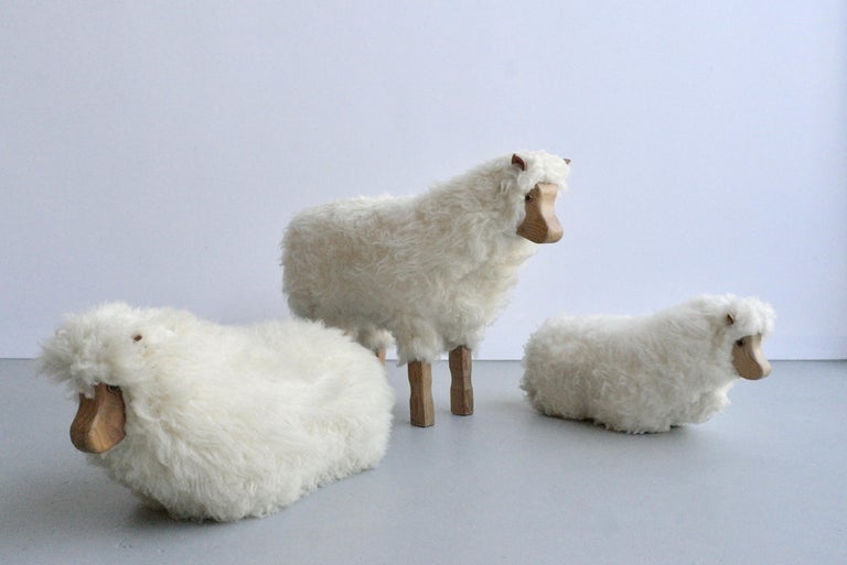 Set of Three Decorative Sheeps in Pine Wool and Leather, Germany, 1970s ...