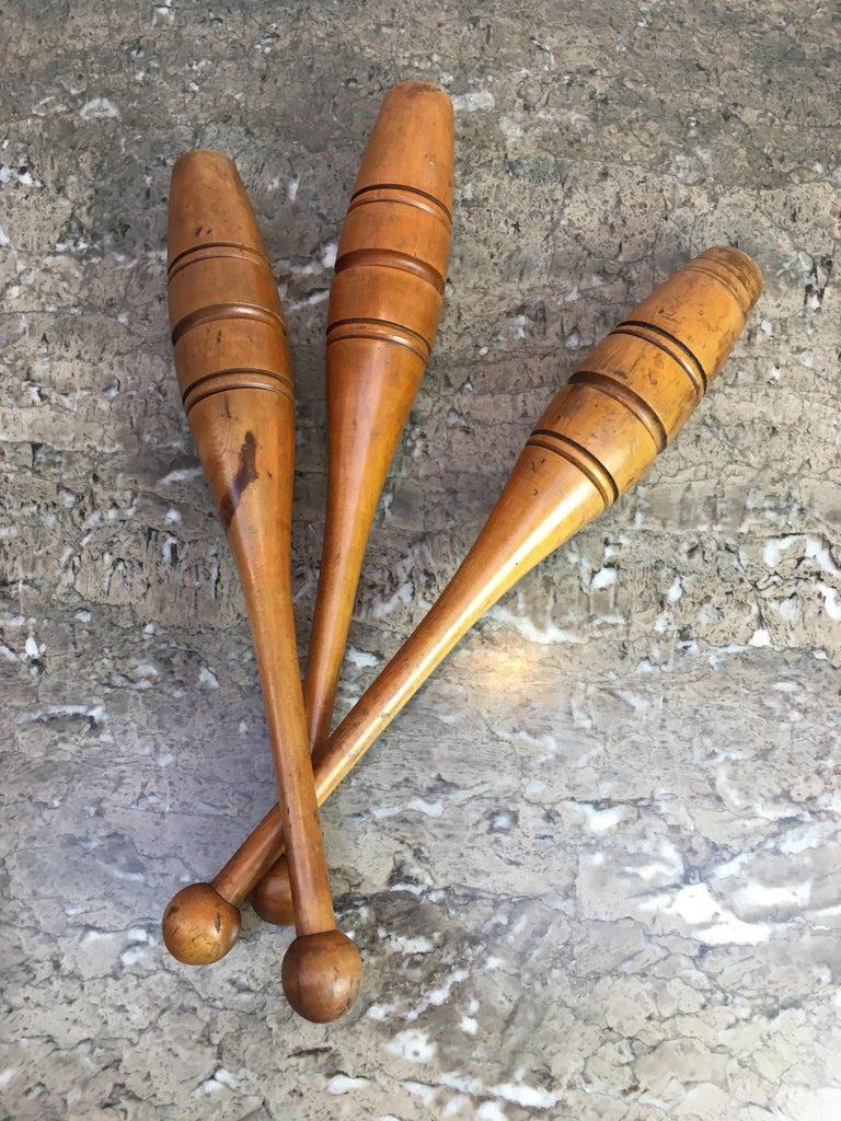 Set of Three Early 20th Century Turned Maple Juggling Pins Clubs For ...
