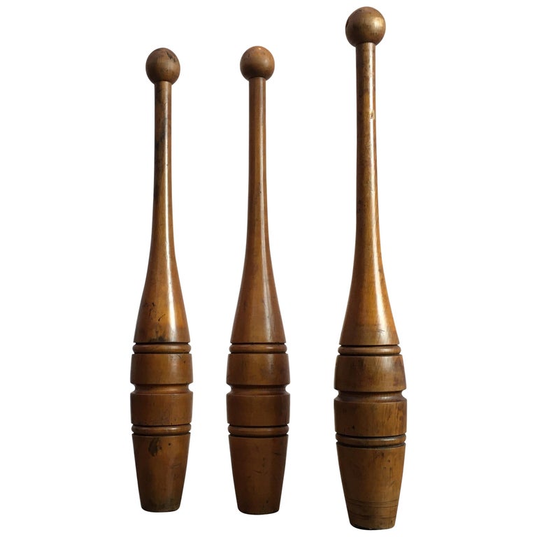 Set of Three Early 20th Century Turned Maple Juggling Pins Clubs at 1stDibs