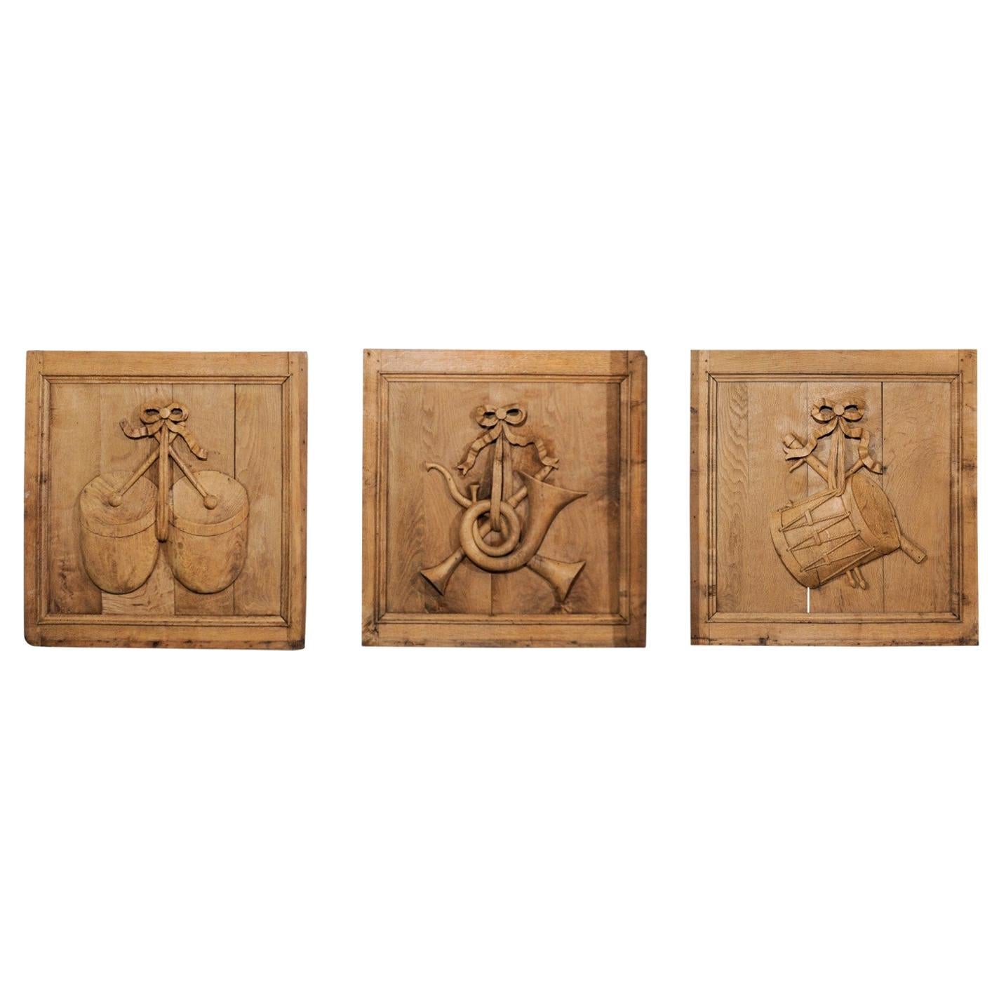 Set of Three French 19th Century Carved Oak Panels with Musical ...