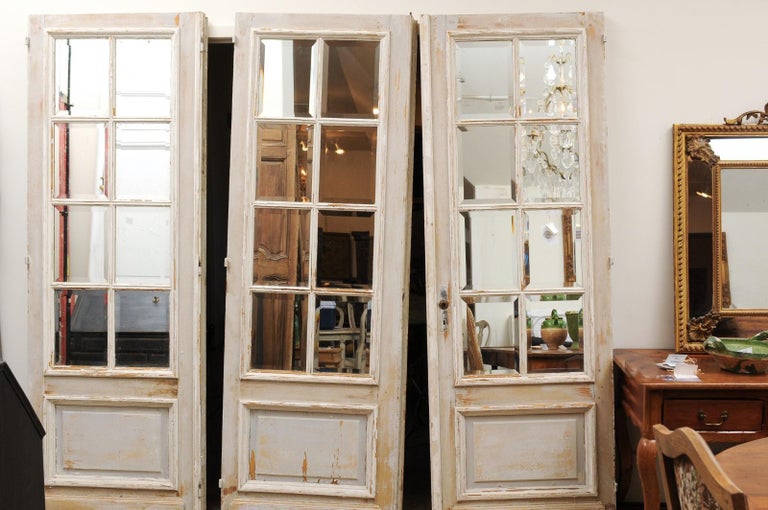 Set of Three French 20th Century Mirrored Doors with Distressed Painted ...