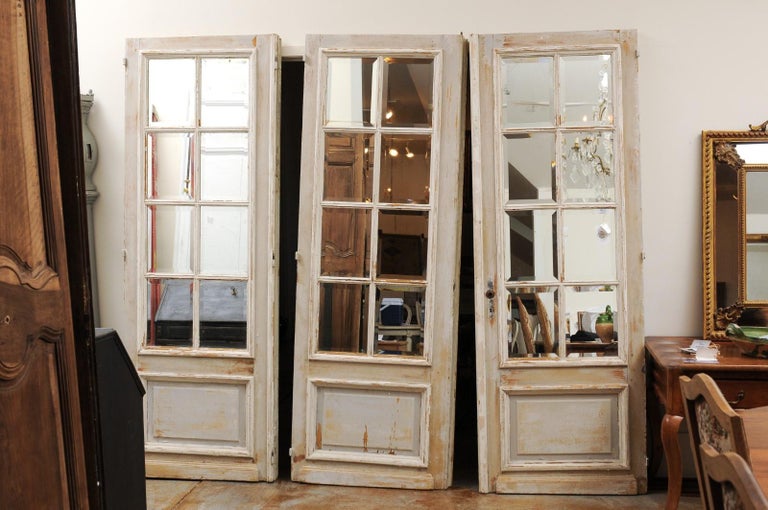 Set of Three French 20th Century Mirrored Doors with Distressed Painted ...
