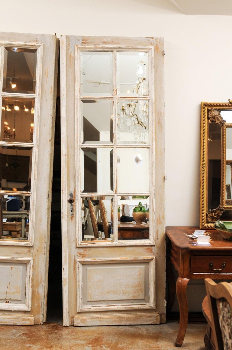 Set of Three French 20th Century Mirrored Doors with Distressed Painted ...