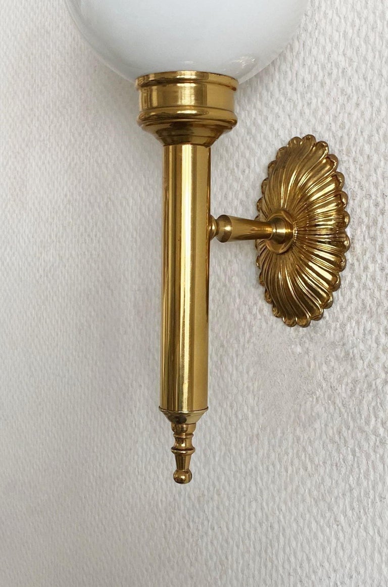 Set of Three French Art Deco Brass Opaline Glass Brass Torchiere Wall ...